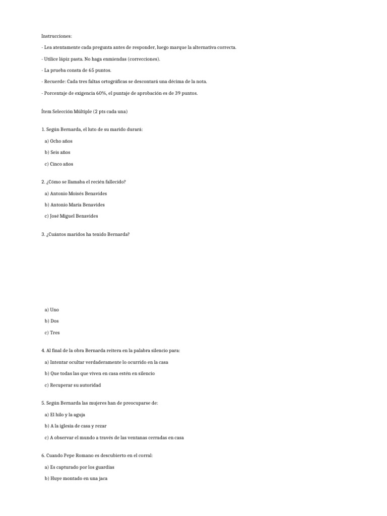 Prueba de Comprensión sobre "La Casa de Bernarda Alba" | PDF