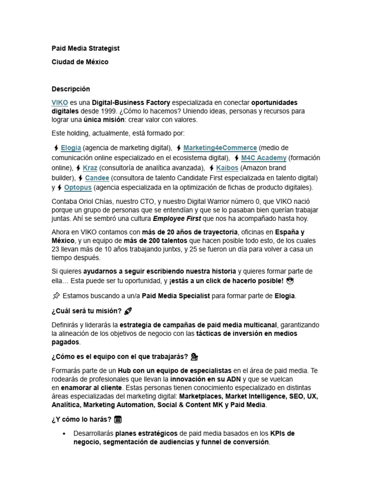 Estratega de Medios Pagados en VIKO | PDF | Marketing | Publicidad digital
