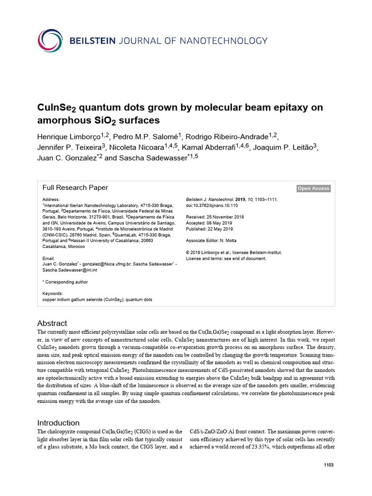 CuInSe 2 Quantum Dots Grown by Molecular Beam Epit | PDF | Solar Cell | Transmission Electron ...