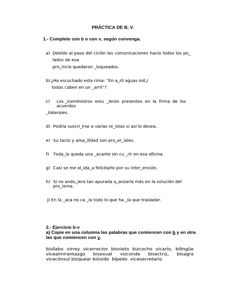 Ejercicios de Ortografía B, V, S, C, Z | PDF