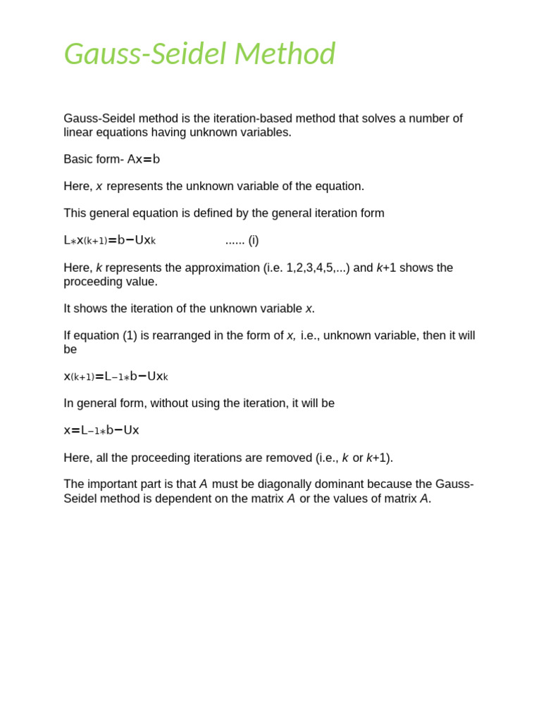 Gauss-Seidel Method for Linear Equations | PDF