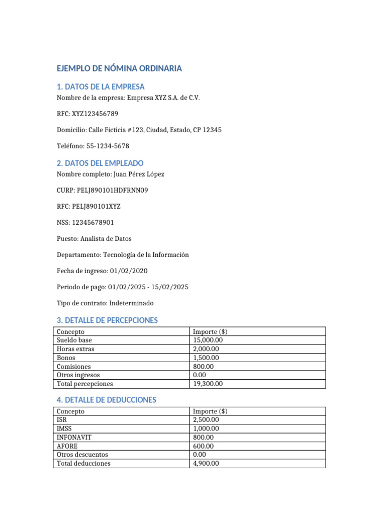 Ejemplo Nomina Ordinaria | PDF
