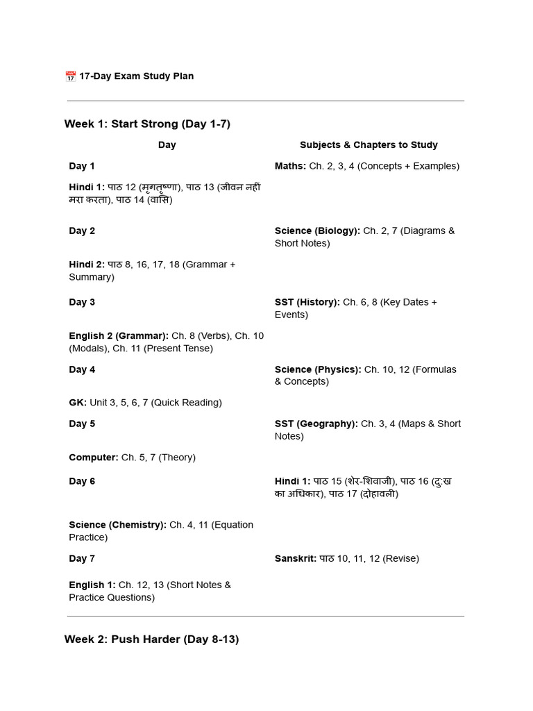 17-Day Exam Study Schedule | PDF | Mathematics | Grammar