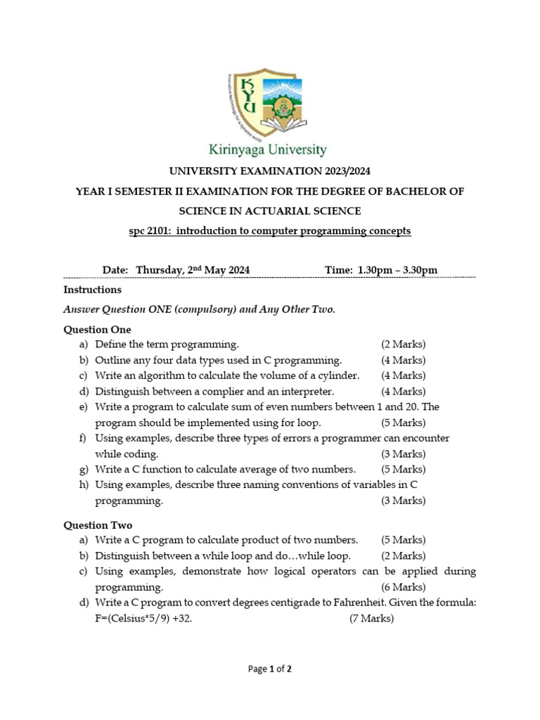 SPC 2101 Introduction To Computer Programming Concepts Year I Semester II | PDF | Computer ...