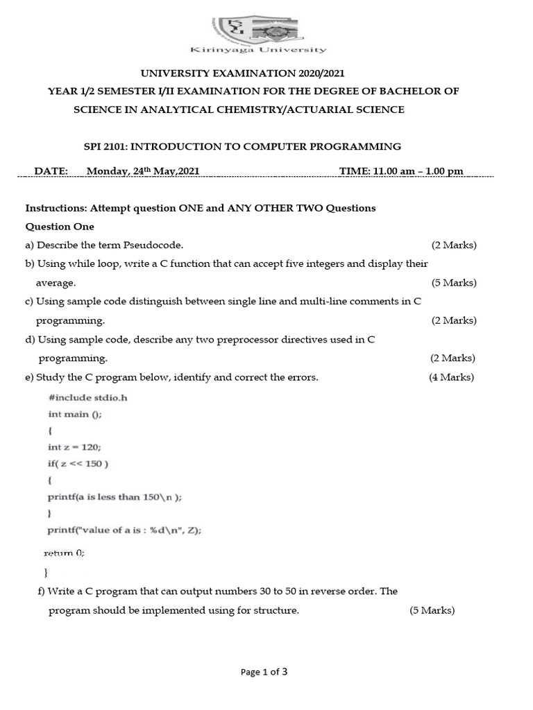 Spi 2101 Introduction To Computer Programming Year I Ii Semester I Pdf Computer Program