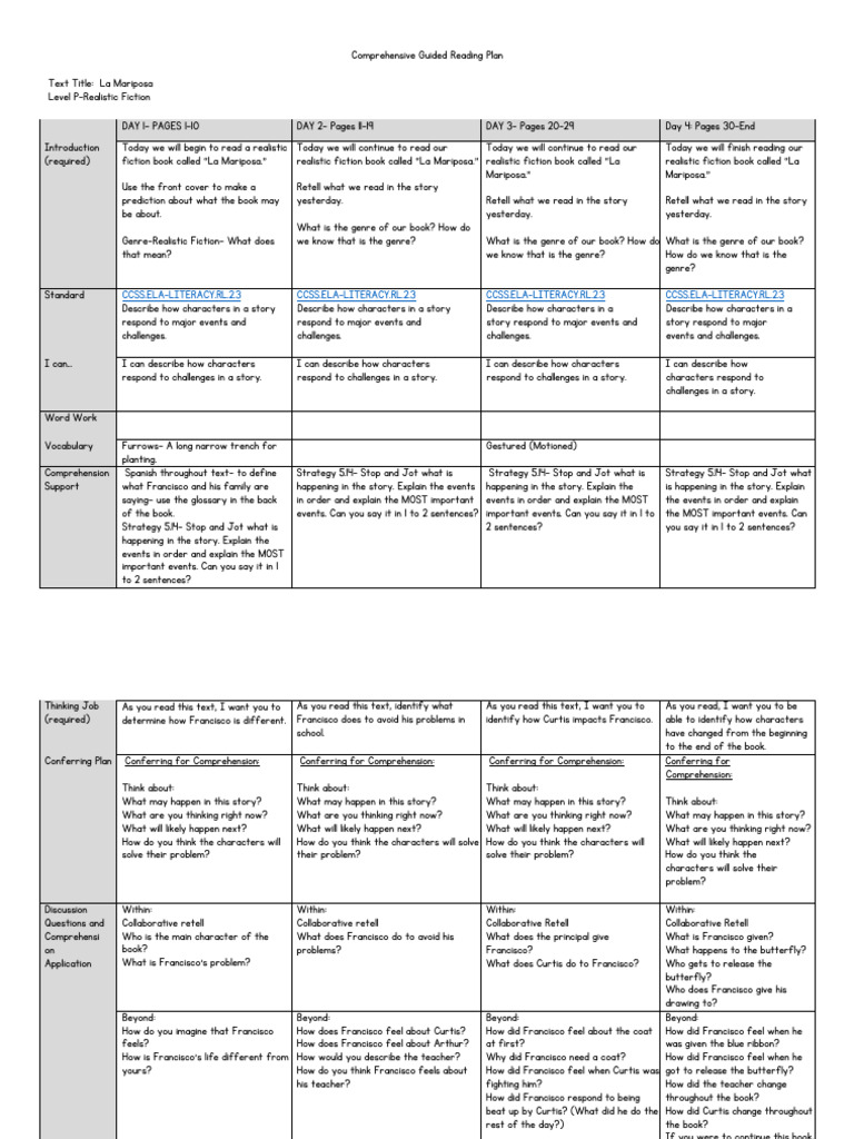 La Mariposa Lesson Plan | PDF | Reading Comprehension | Learning