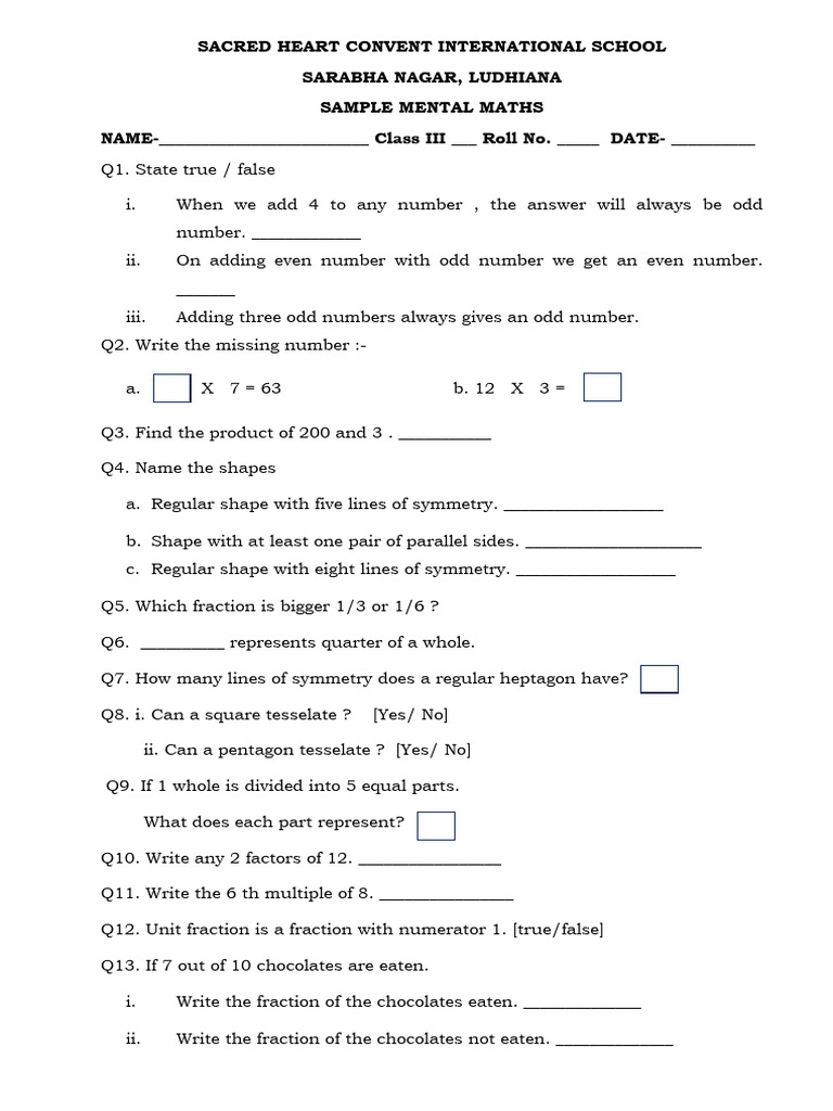 Sample Mental Maths CLASS 3 | PDF