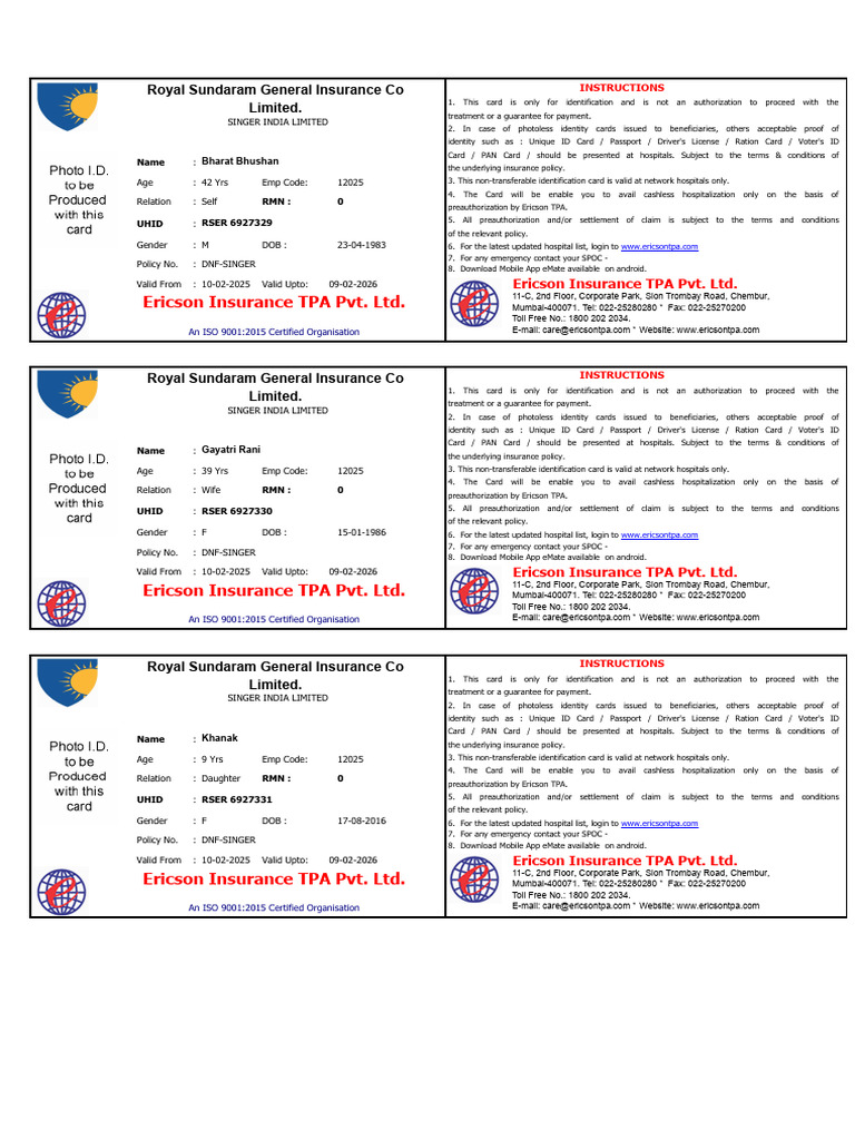 Ericson Insurance TPA Pvt. LTD.: Royal Sundaram General Insurance Co Limited | PDF | Identity ...