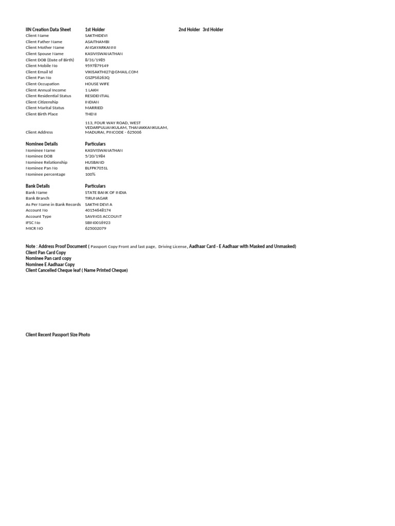 Client Data Sheet - Nsenmf Iin Creation Mf - Sakthidevi | PDF ...