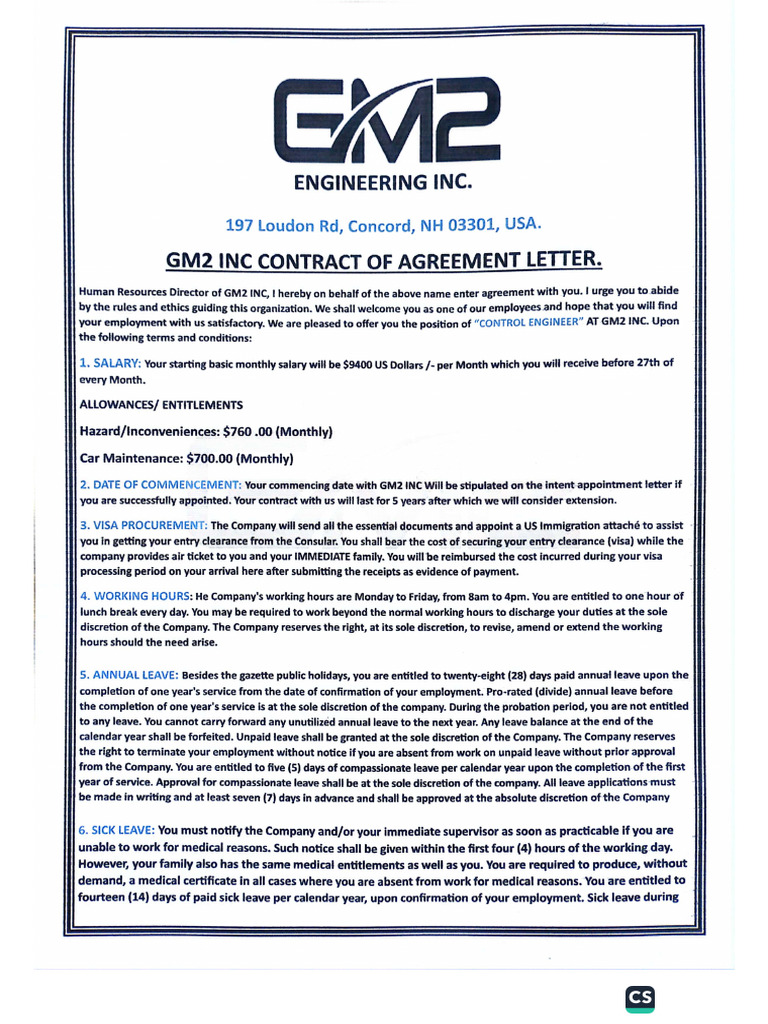 GM2 Inc Contract Agreement Letter | PDF