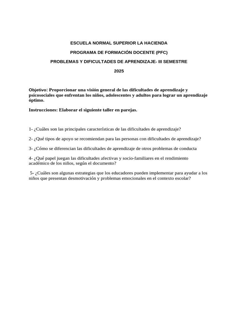 Taller - Dificultades Especificas Del Aprendizaje | PDF