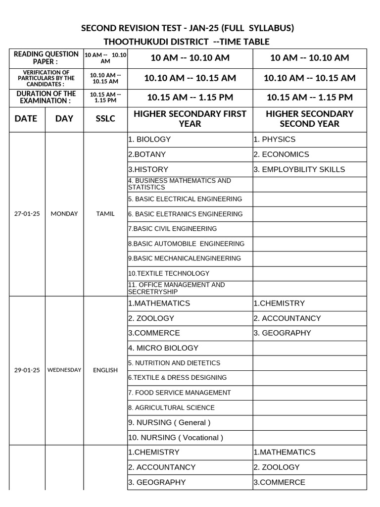 10 .11,12th Second Revision Exam Time Table | PDF | Engineering | Science