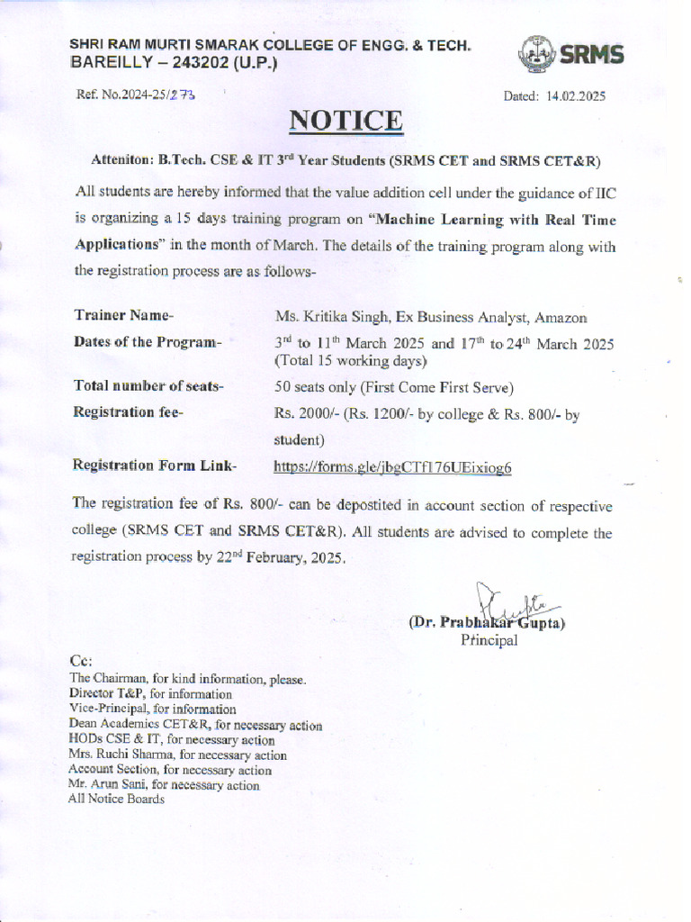Notice Regarding Machine Learning With Real Time Application | PDF