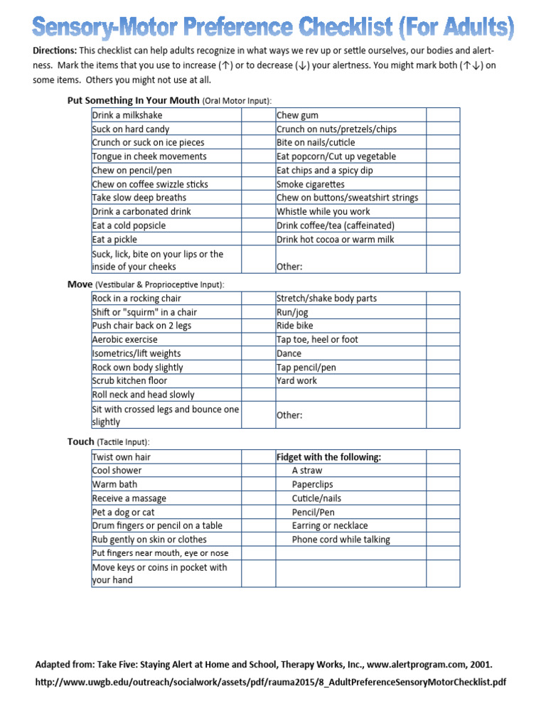 Sensory Motor Checklist For Adults | PDF