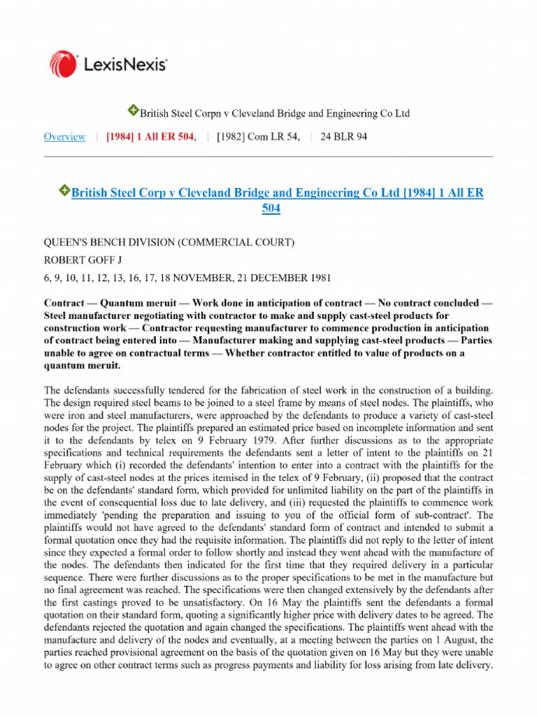 British Steel Corp V Cleveland Bridge and Engineering Co LTD (1984) 1 ...