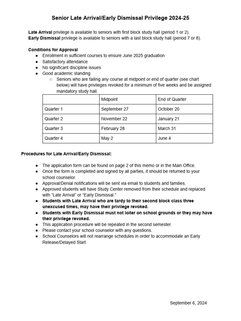 Senior Late Arrival - Early Dismissal Application 24-25 | PDF | Justice ...