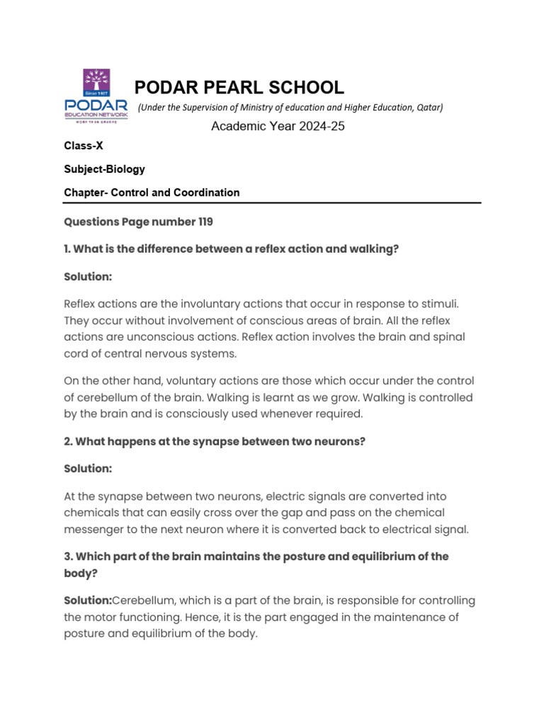 Cha.7 Control and Coordination Notes | PDF | Neuron | Hormone