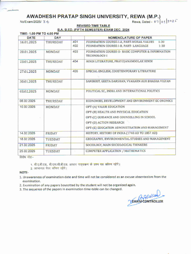 Revised Time Table BSC Bed, Babed | PDF