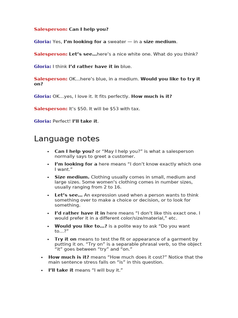 Shopping Dialogue for a Sweater Purchase | PDF