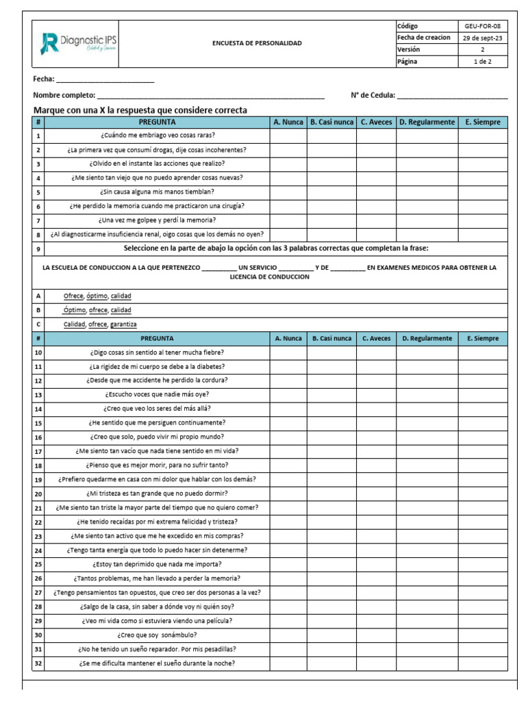Encuesta de Personalidad | PDF | Dormir