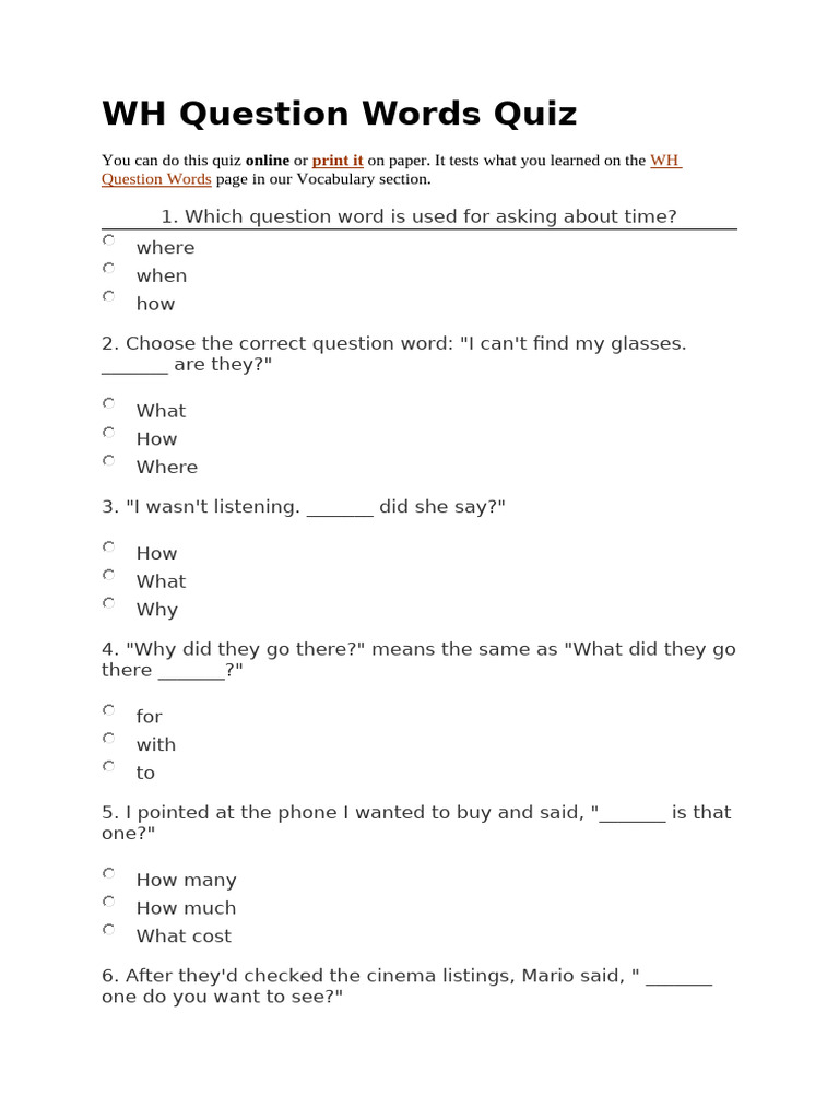 WH Question Words Quiz | PDF