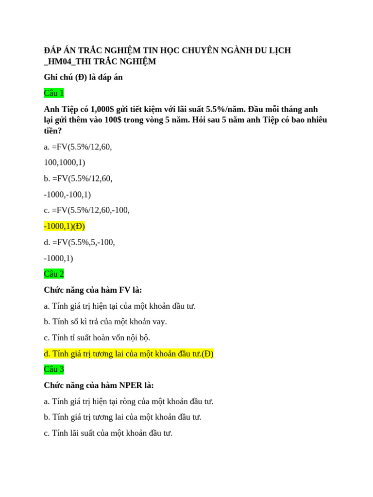 (123doc Dap An Trac Nghiem Tin Hoc Chuyen Nganh Du Lich Hm04 Hm70 Thi Trac Nghiem | PDF