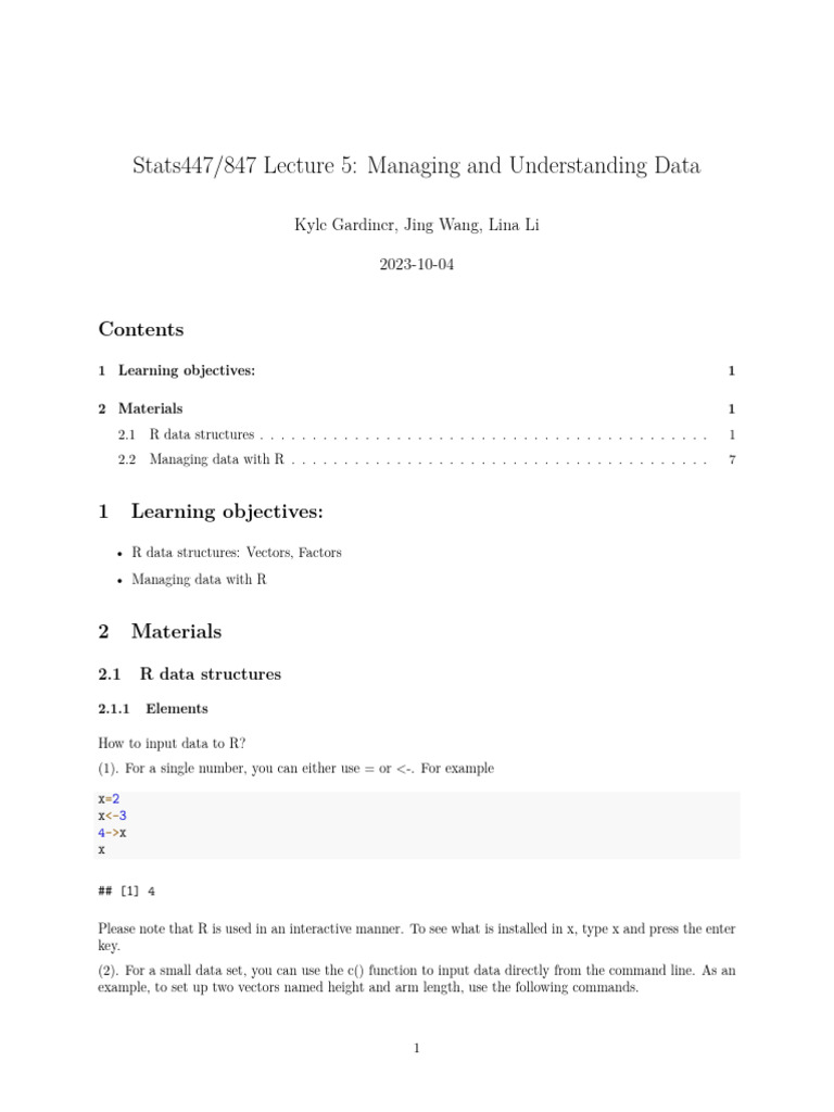 Lecture 5 (Managing and Understanding Data) | PDF | Applied Mathematics