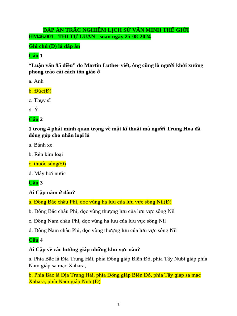 (123doc) Dap An Trac Nghiem Lich Su Van Minh The Gioi Hm46 001 Thi Tu Luan | PDF