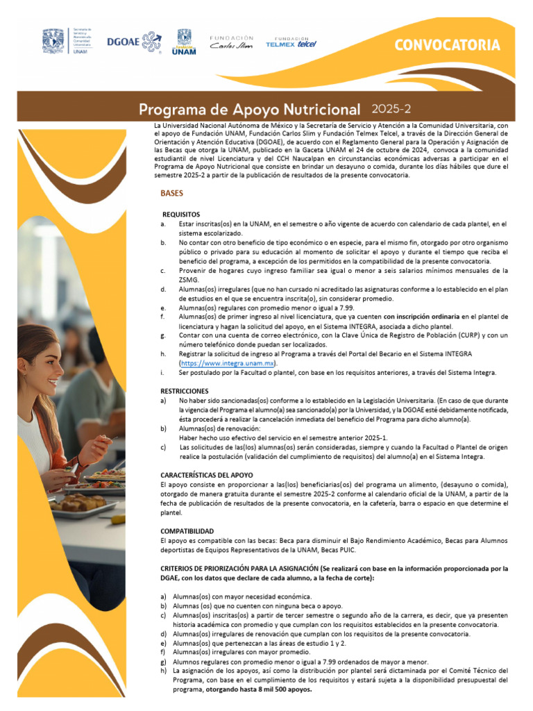 Convocatoria Al Programa de Apoyo Nutricional UNAM 2025-2 | PDF
