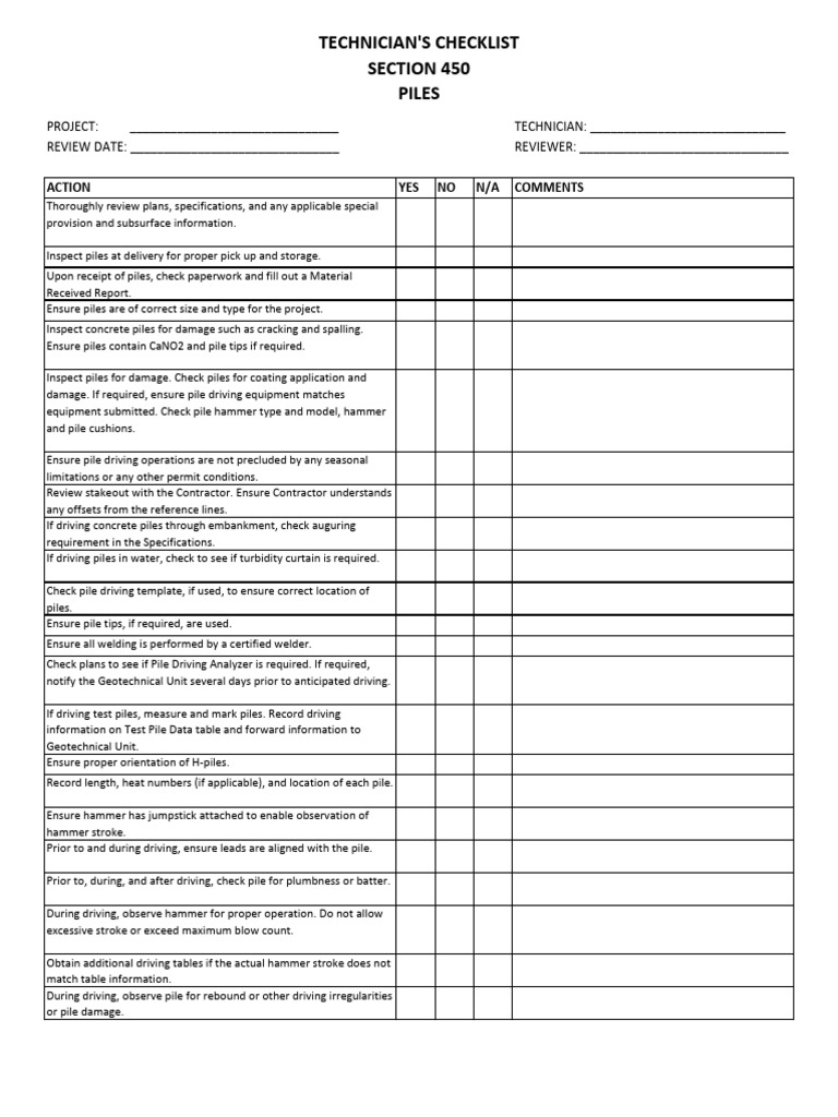 Section 450 - Technician's Checklist - Pile Driving | PDF | Deep ...