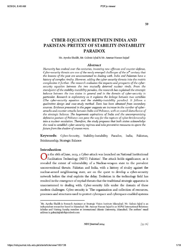 -CYBER-EQUATION BETWEEN INDIA AND PAKISTAN PRETEXT OF STABILITY ...