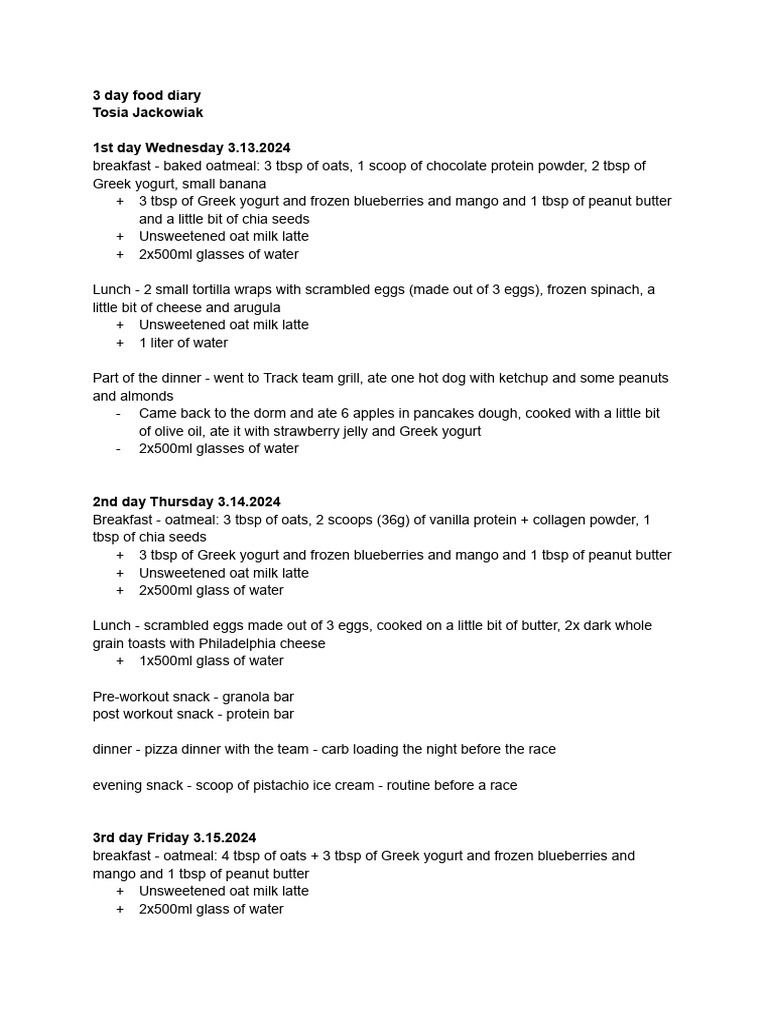 3-Day Food Diary for Athletes | PDF