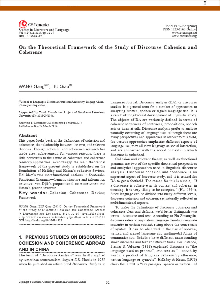 Discourse Cohesion and Coherence Theory | PDF | Discourse | Linguistics