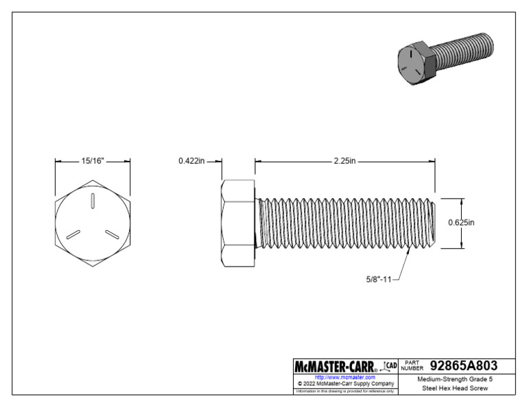 92865A803 - Medium-Strength Grade 5 Steel Hex Head Screw | PDF