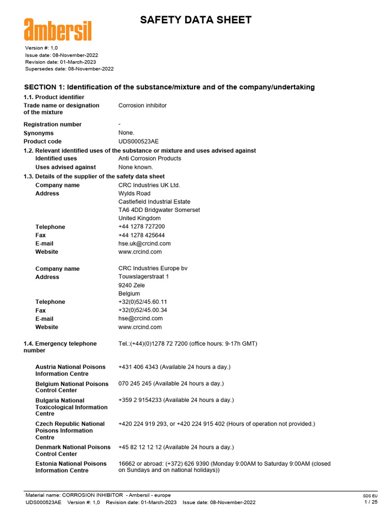 Ambersil Corrosion Inhibitor SDS | PDF | Toxicity | Hazards