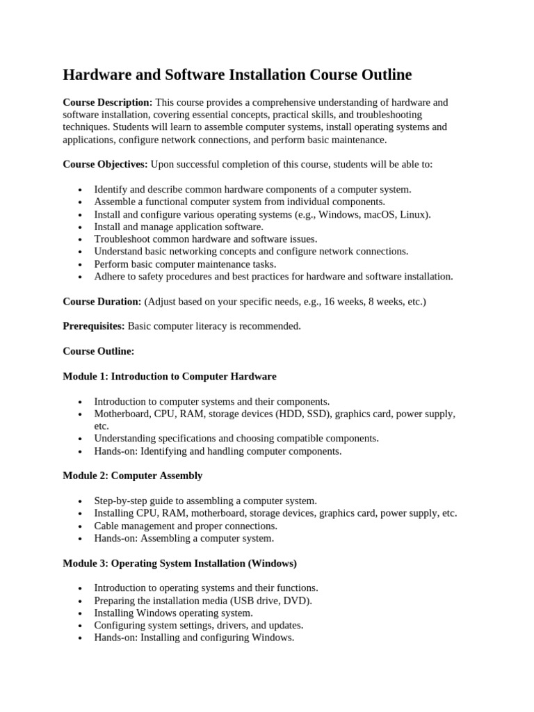 Hardware and Software Installation Course Outline | PDF | Computer ...