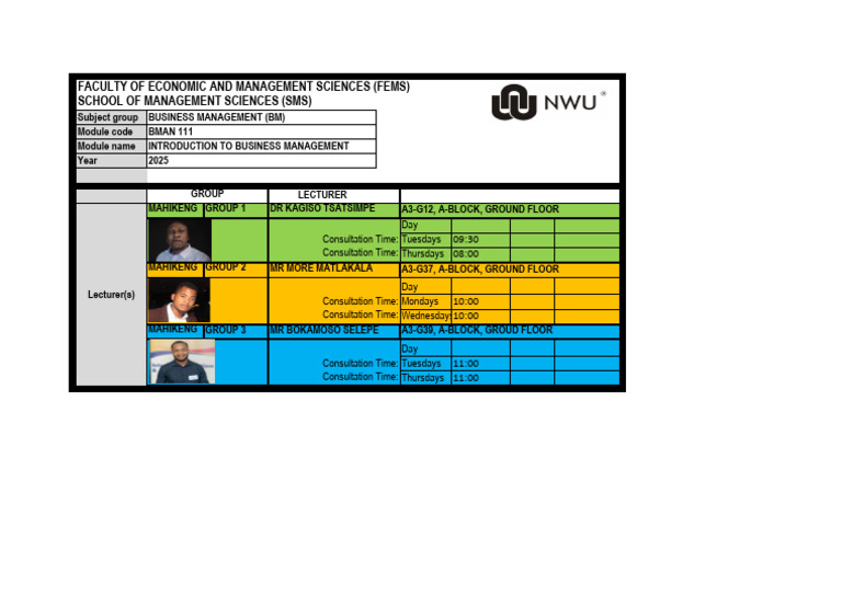 BMAN111 - 2025 - Lecturers Consultation Times - 01 | PDF