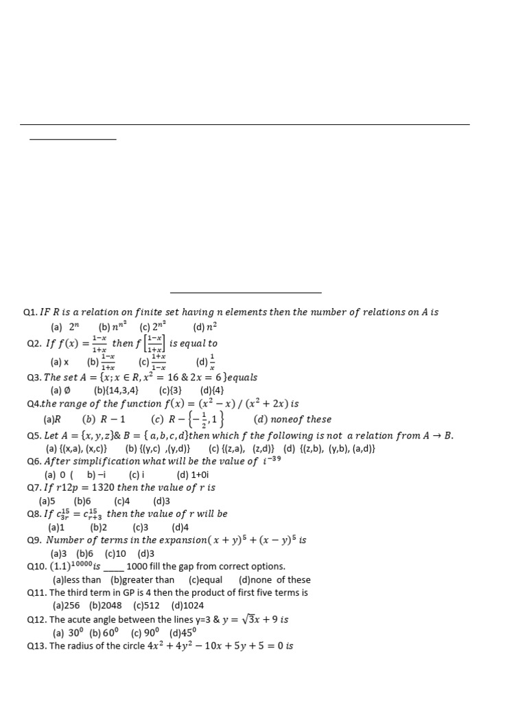 Class XI Math Sample Paper | PDF