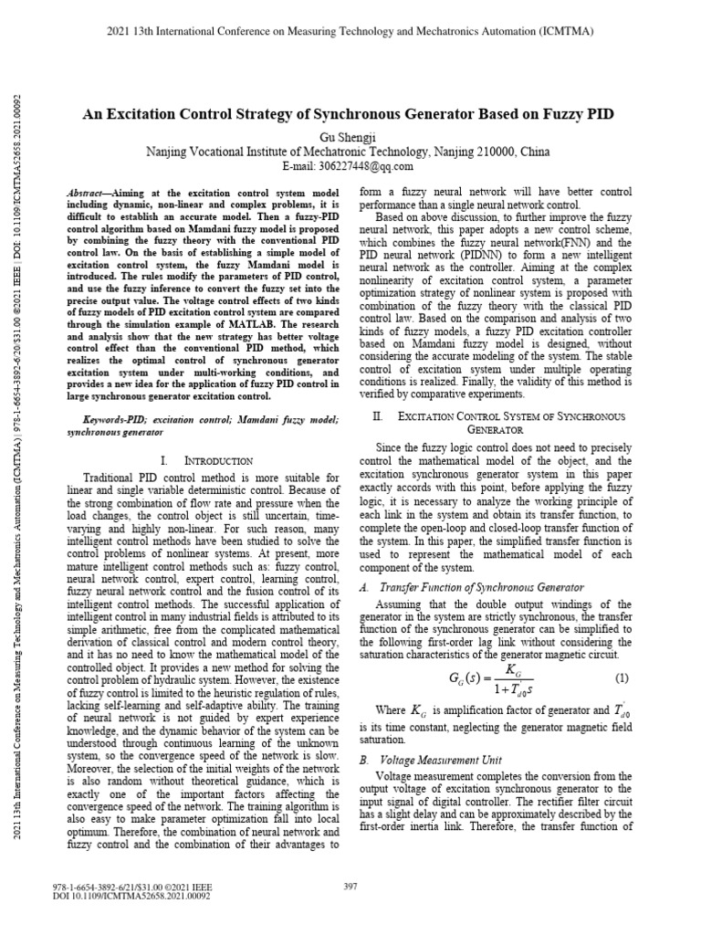 An Excitation Control Strategy of Synchronous Generator Based On Fuzzy PID | PDF