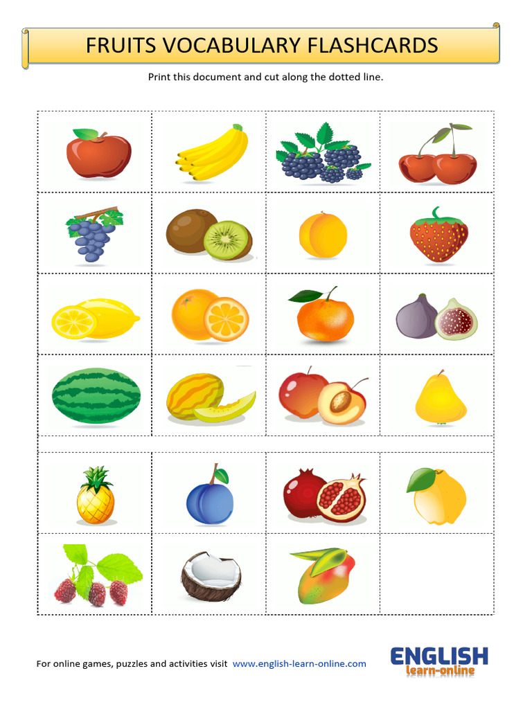 Fruits Vocabulary Flashcards Worksheet | PDF