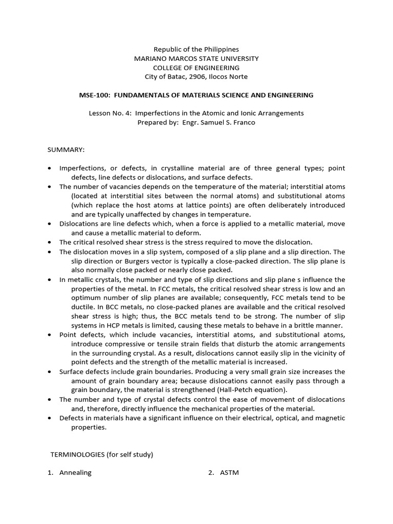 MSE 100 Lecture Notes Lesson 04 Imperfections in The Atomic and Ionic ...