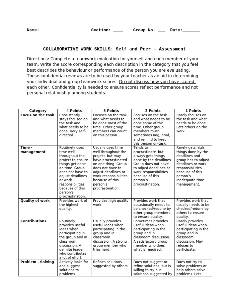 Self and Peer Assessment | PDF | Psychological Concepts | Social Psychology