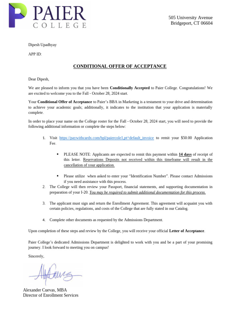 Conditional Offer of Admission For Student Dipesh | PDF | Tuition Payments