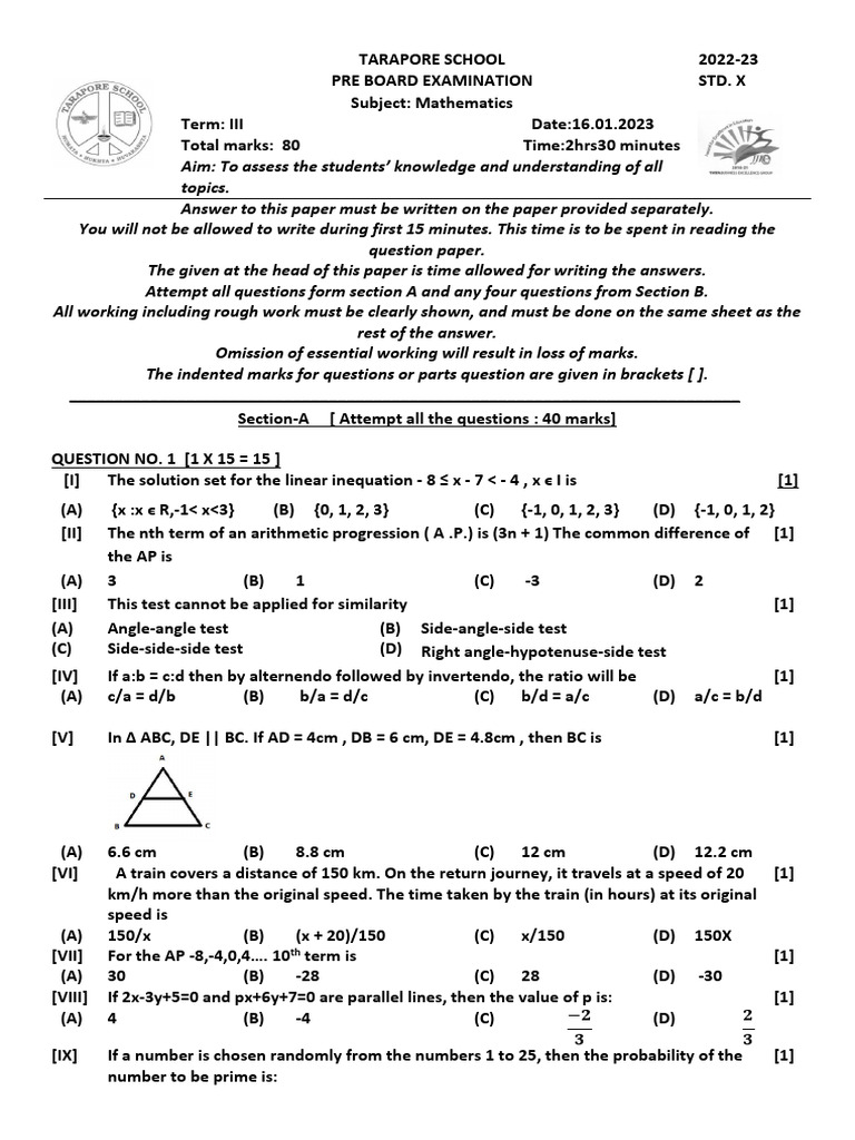 STD X Mathematics Pre-Board Exam 2022-23 | PDF | Circle | Geometry