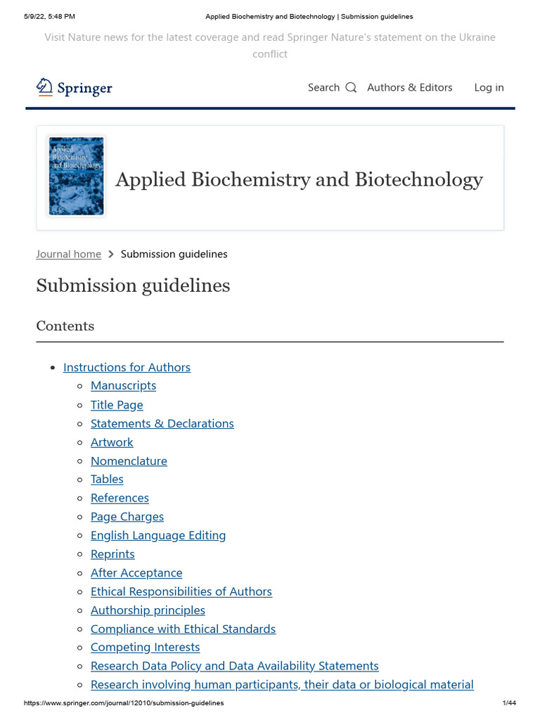 Applied Biochemistry and Biotechnology - Submission Guidelines | PDF | Informed Consent | Plagiarism