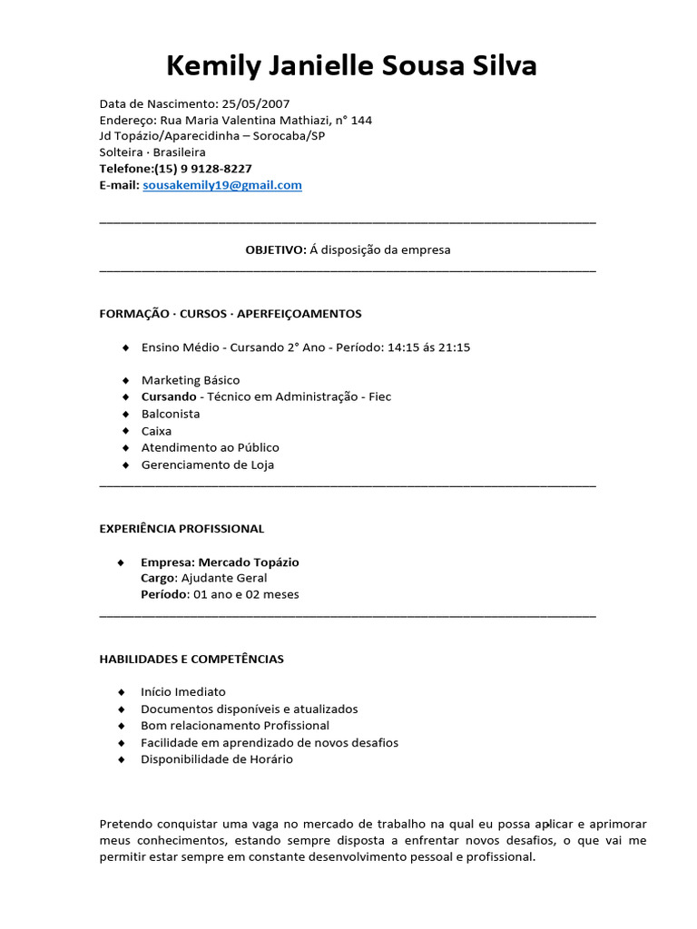 Currículo de Kemily Janielle Silva | PDF