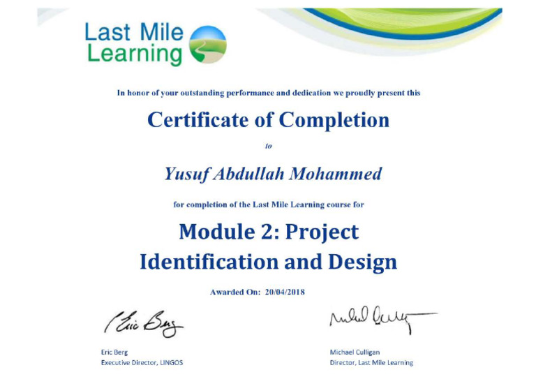 Certificate - Yusuf - Project Management-Module 2 Project Identification and Design | PDF