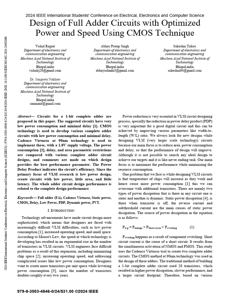 Design Of Full Adder Circuits With Optimized Power And Speed Using Cmos Technique Pdf Logic