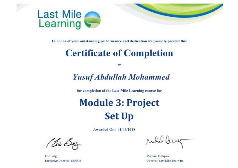Certificate - Yusuf - Project Management-Module 3 - Project Set Up | PDF