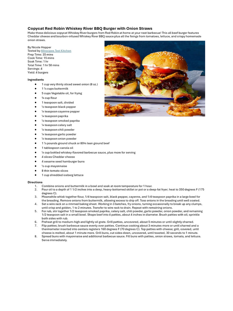 Recipe - Red Robin Whiskey River BBQ Burger With Onion Straws | PDF ...